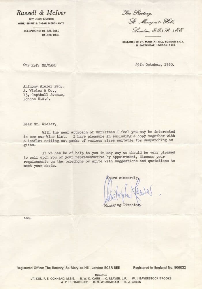 Christopher Leaver 1980s London Mayor Wine Hand Signed Autograph