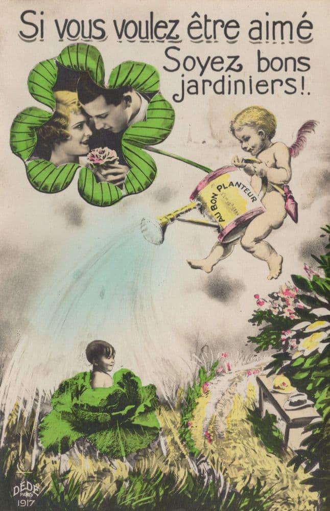 Cupid Irish Clover French Romantic Comic Old Postcard