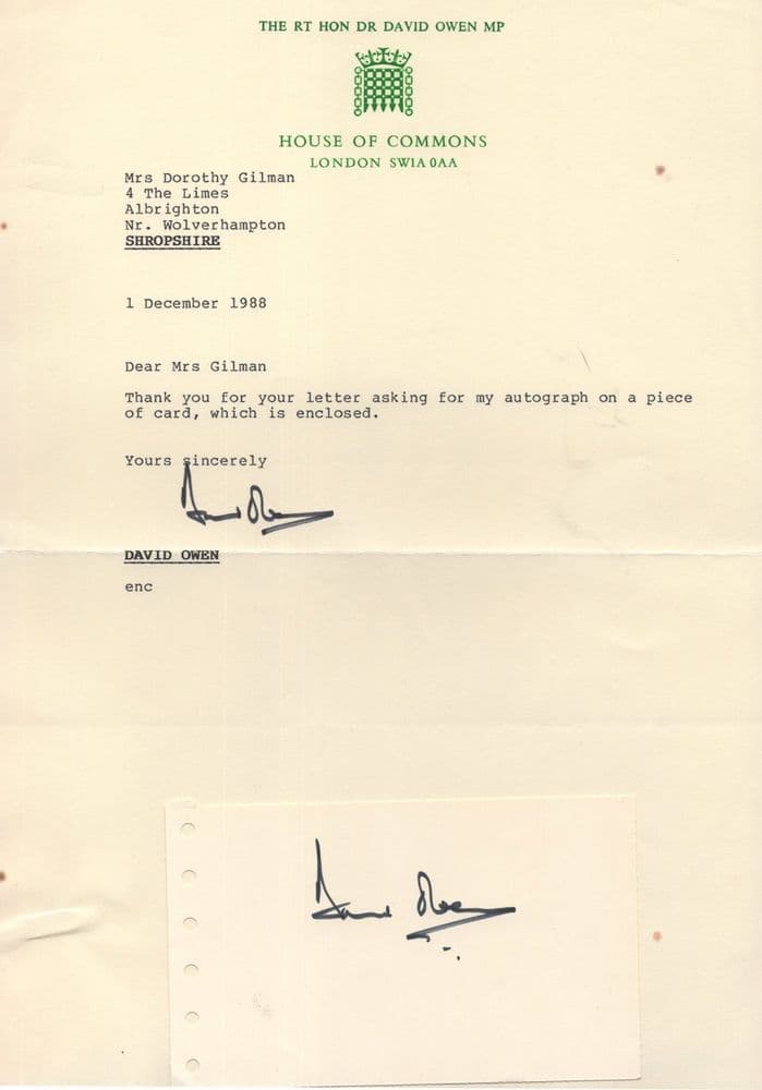 David Owen MP House Of Commons 2x Hand Signed Letter & Autograph Card