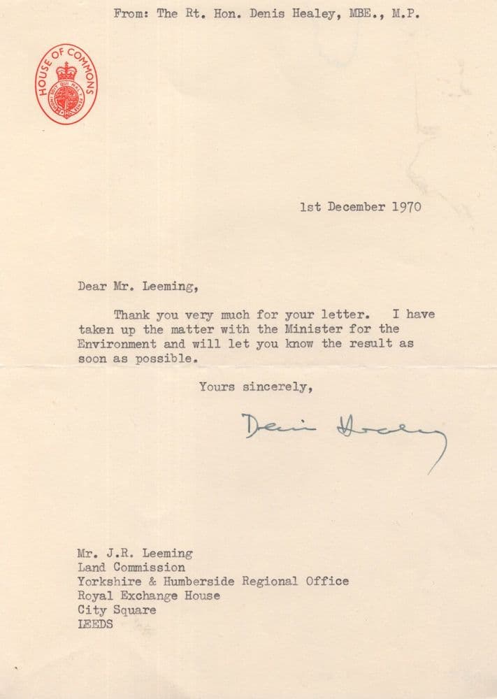 Denis Healey Labour MP 1970 House Of Commons Old Hand Signed Letter