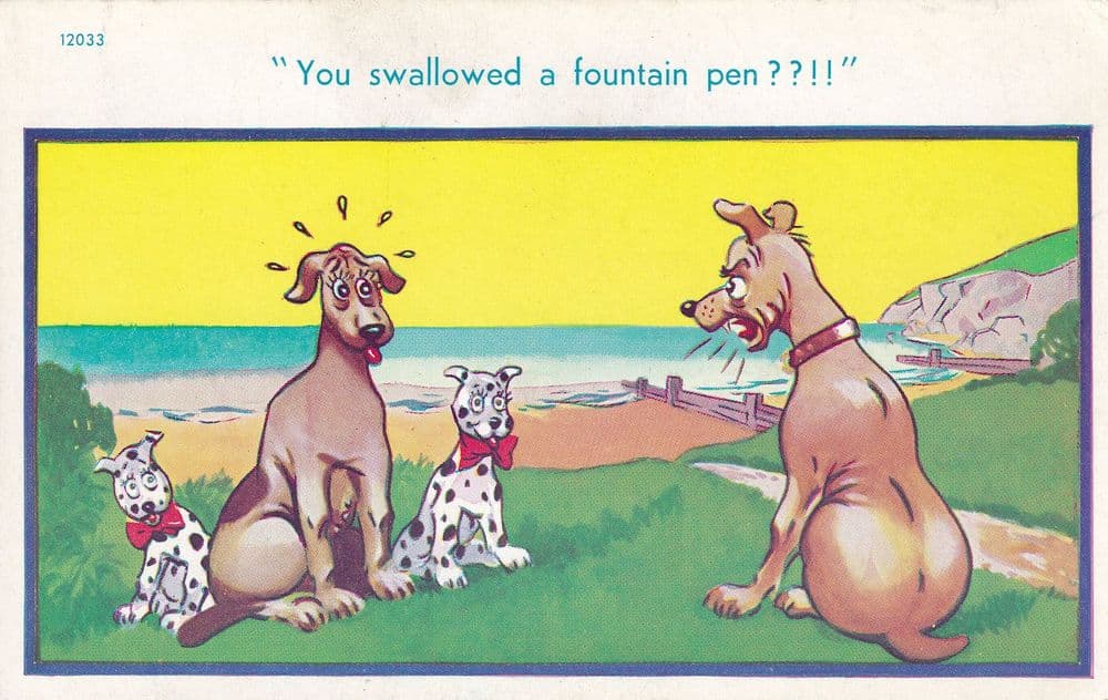 Dog Eating Fountain Pen Comic Postcard