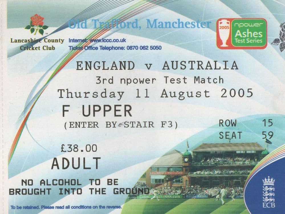England vs Australia Test Match Old Trafford 2005 Cricket Ticket