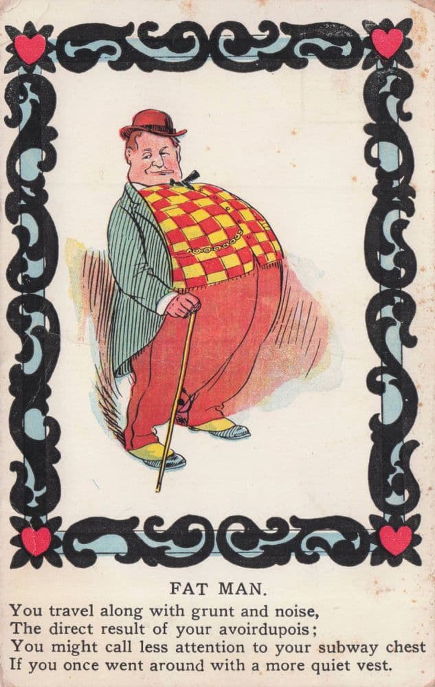 Fat American Man Subway Transport Travel Antique Comic Postcard