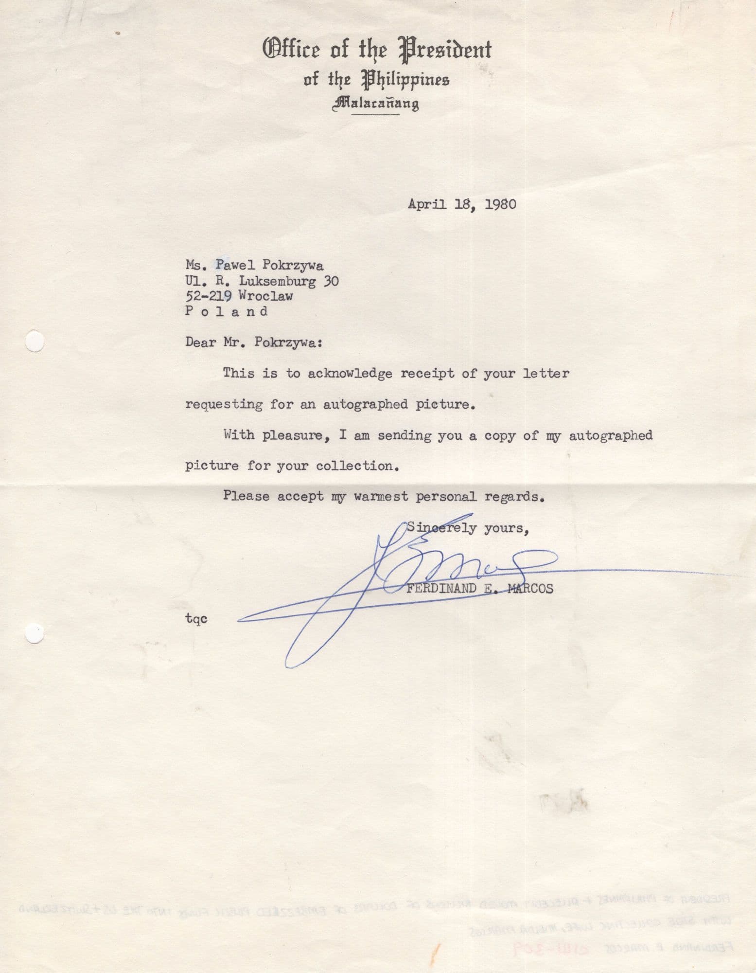 Ferdinand Marcos President of the Philippines Official Hand Signed Letter