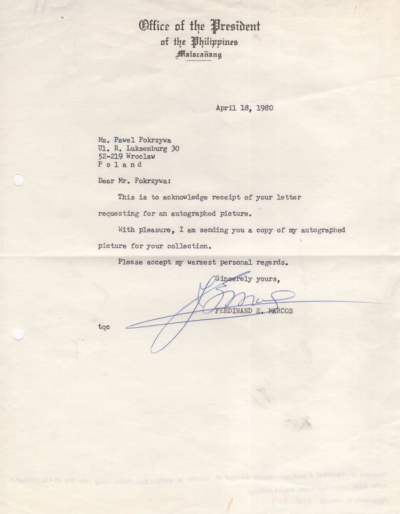 Ferdinand Marcos President of the Philippines Official Hand Signed Letter