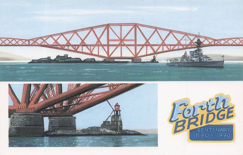 Forth Bridge Ship Passing Reflections Centenary Artist Painting Postcard