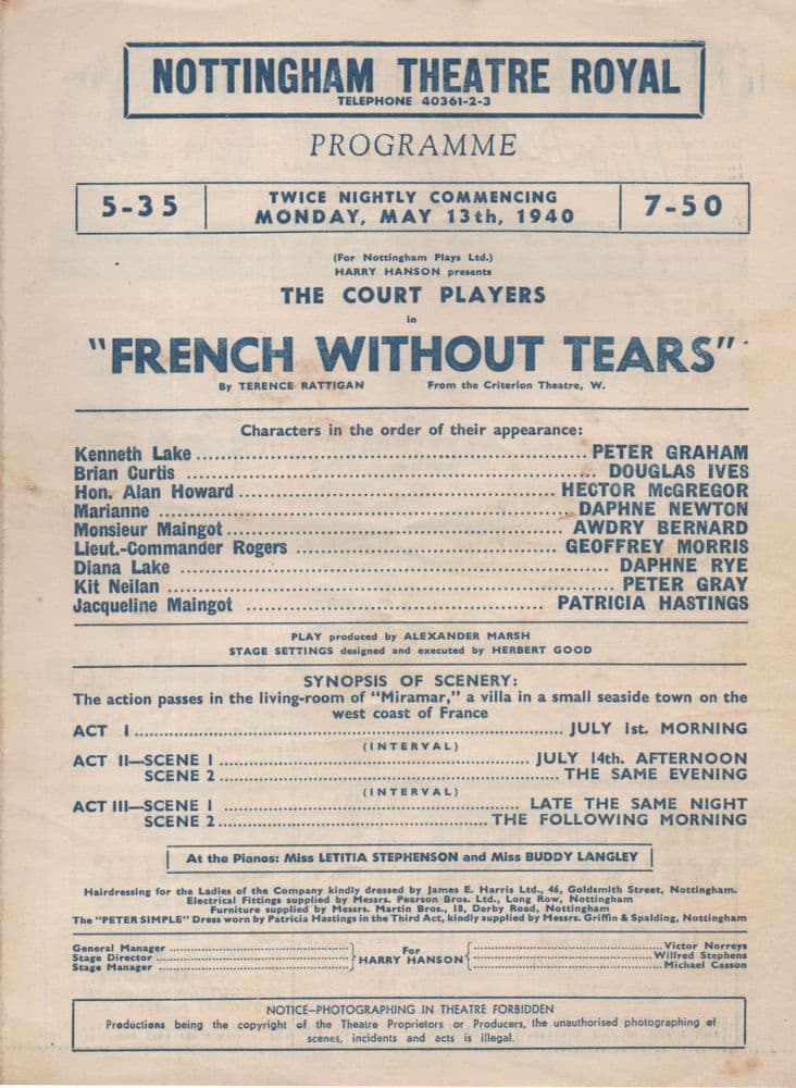 French Without Tears French Play WW2 1940 Nottingham Theatre Royal ...