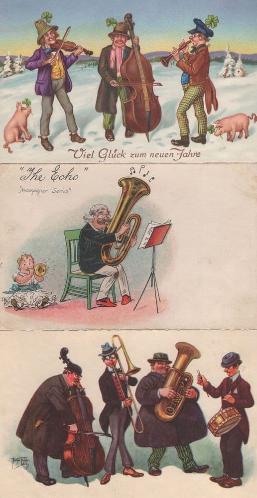 German Fat Tuba Players Musician Band Pigs 3x Old Comic Postcard s