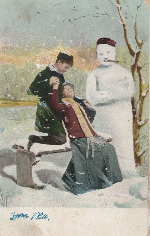 German Smoking Snowman With Postman Hat Old Comic Postcard