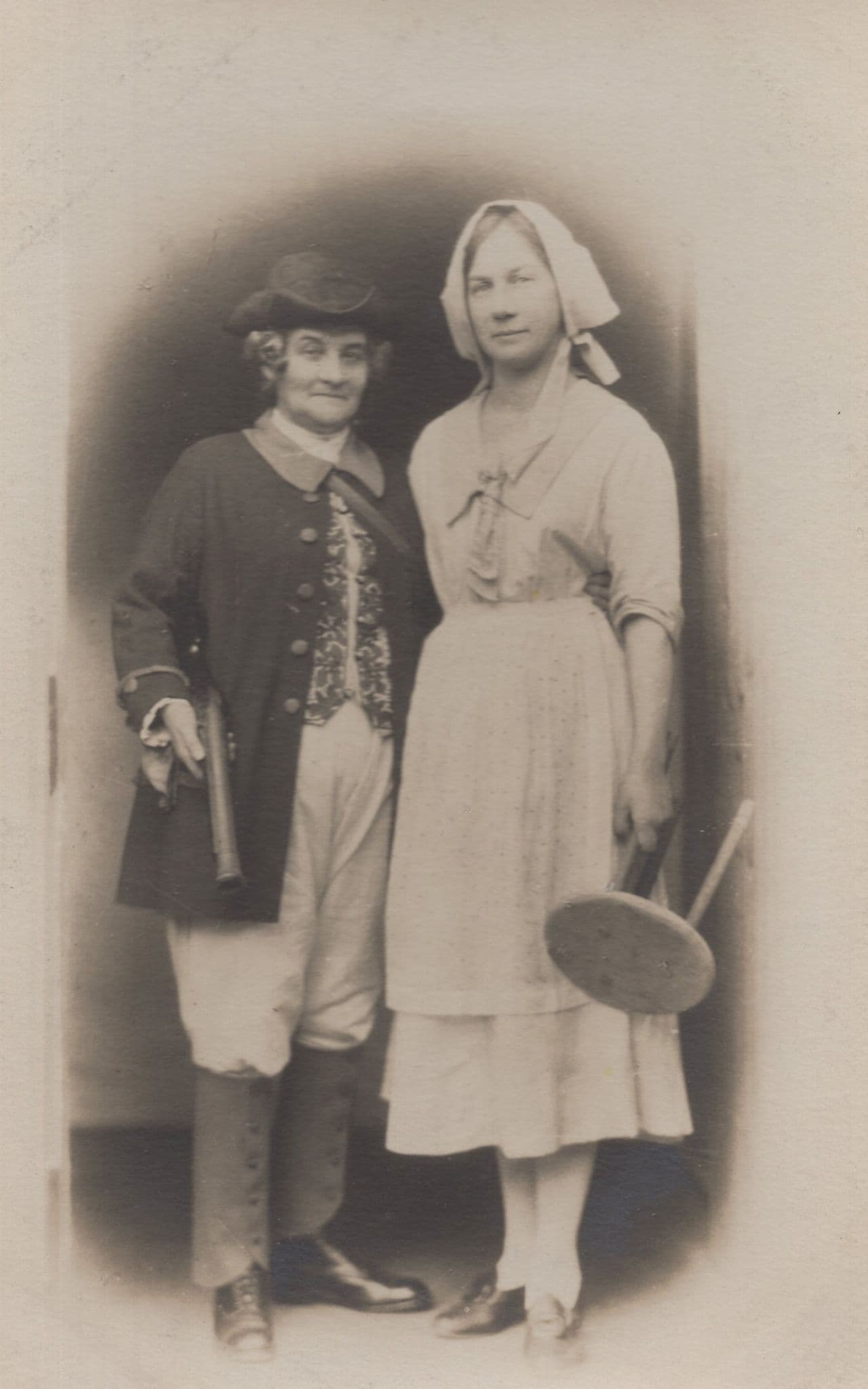 Giant Tall Woman Over Fancy Dress Posh Man Gun Antique Postcard