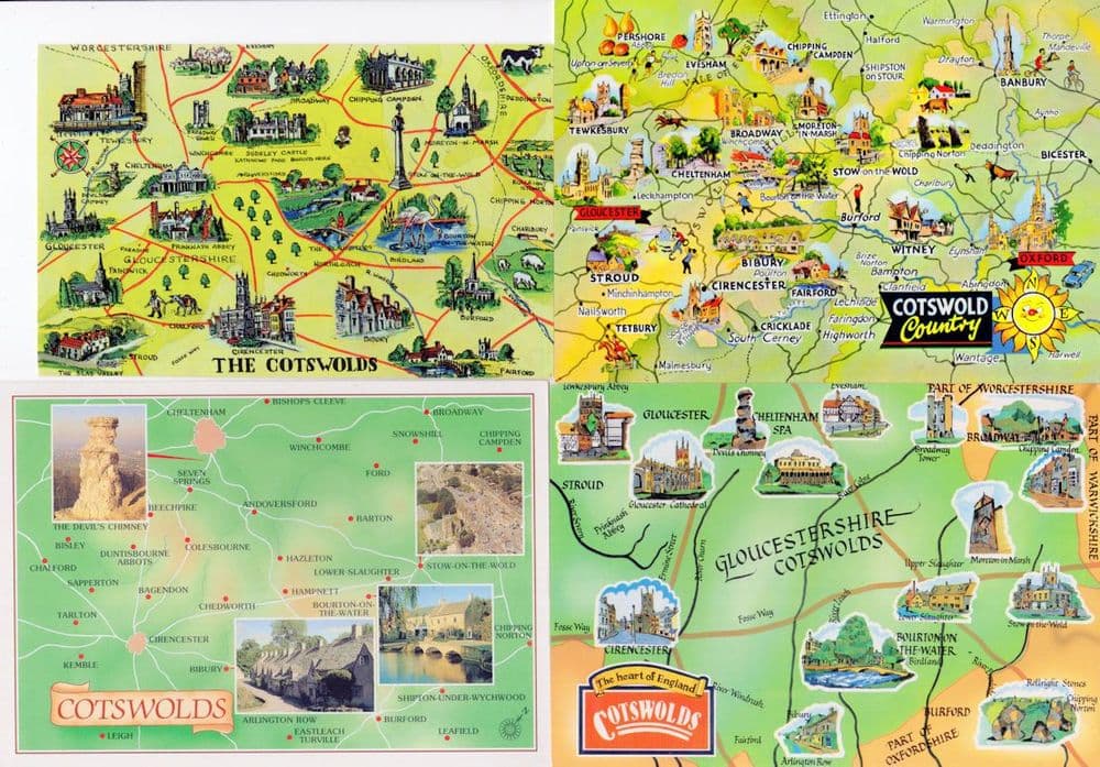 Gloucester Cotswolds 4x Beautiful Cartoon 1980s Map Postcard s