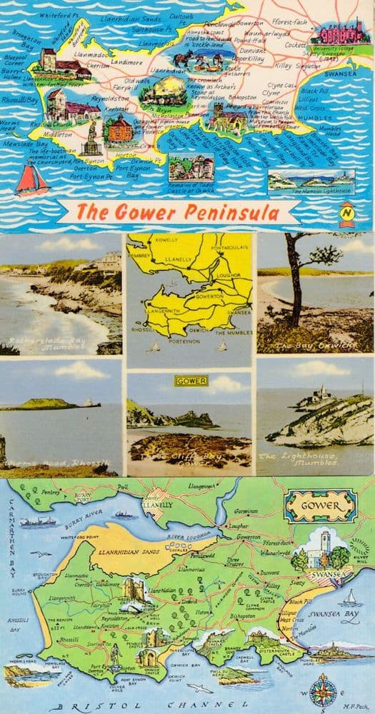 Gower Peninsula Wales Rare 1970s Map Friths 3x Postcard