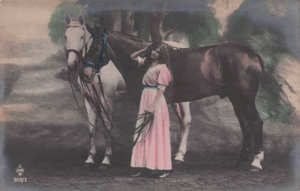Gypsy French Lady & Her Horses Antique Glamour Tinted Old Postcard