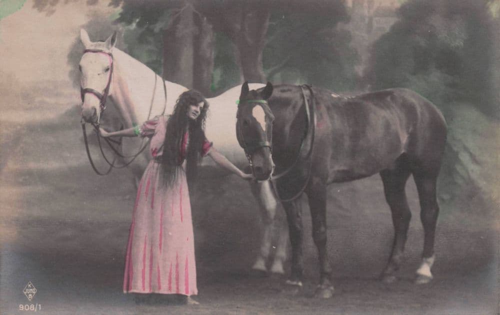 Gypsy French Lady & Horses Antique Glamour Tinted Old Postcard