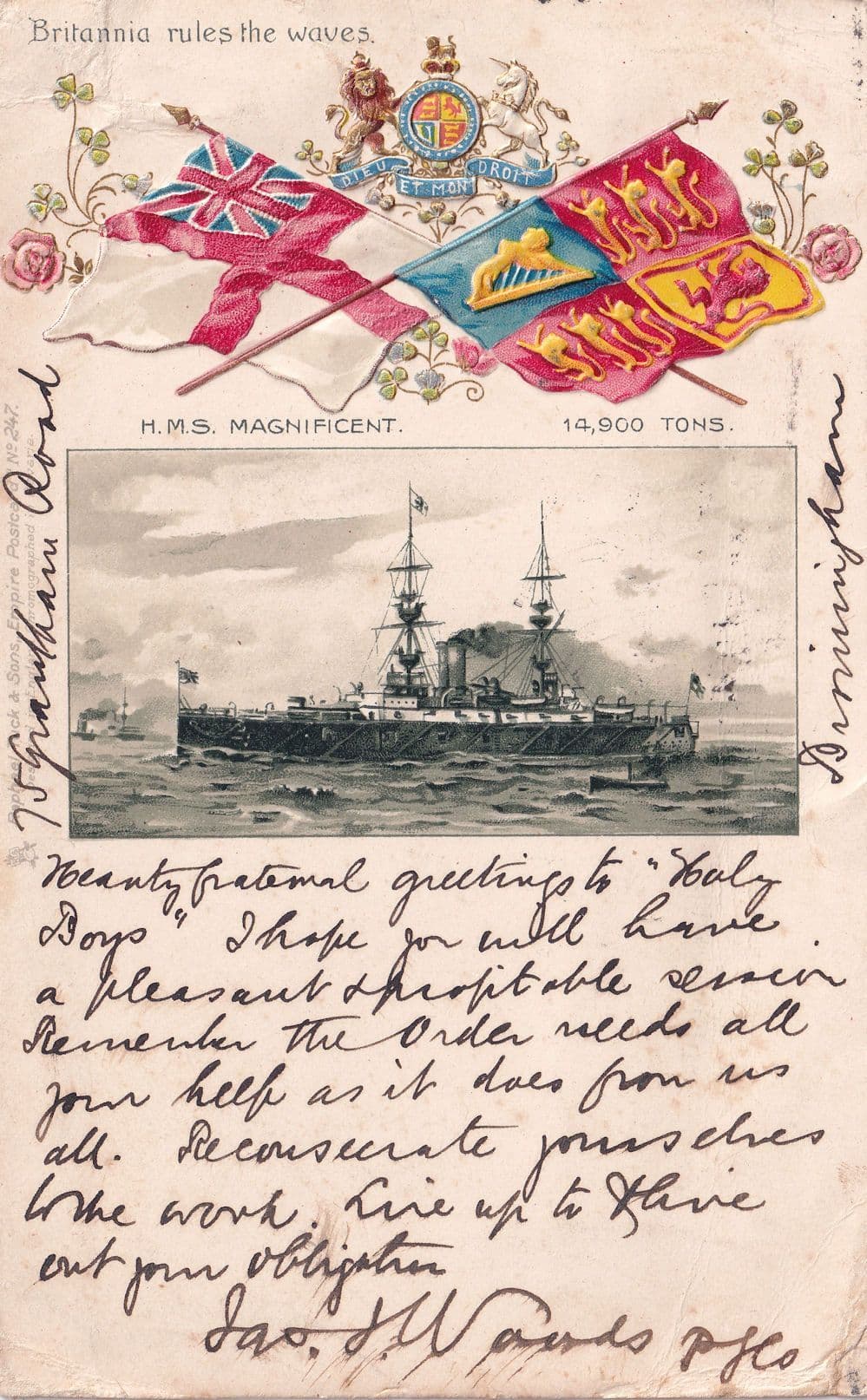 HMS Magnificent Ship Flags Old 3D Raised Old Postcard