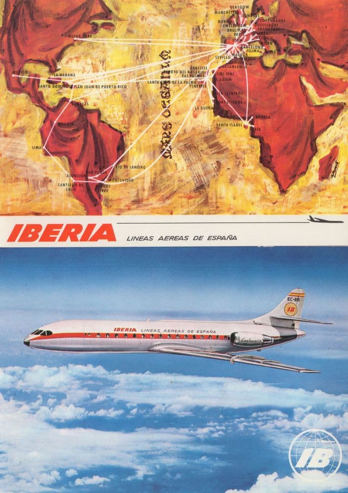 Iberia Aircraft Planes Spanish Flight Paths Map 2x Postcard