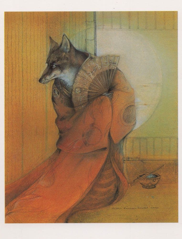 Inari Fox Wedding Painting With Japanese Fan Painting Postcard