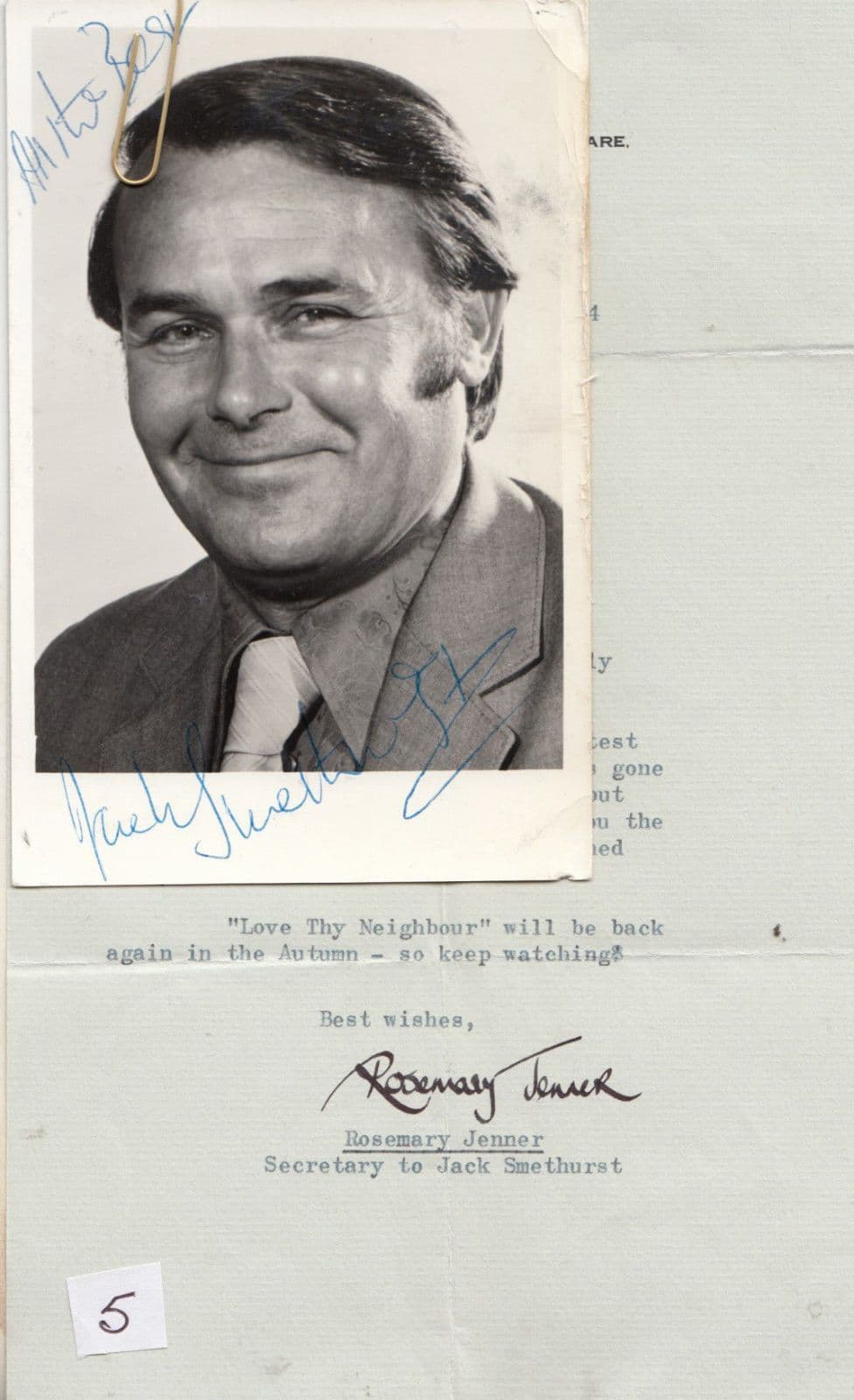 Jack Smethurst Love Thy Neighbour Cast Photo Hand Signed & LETTER FROM ...