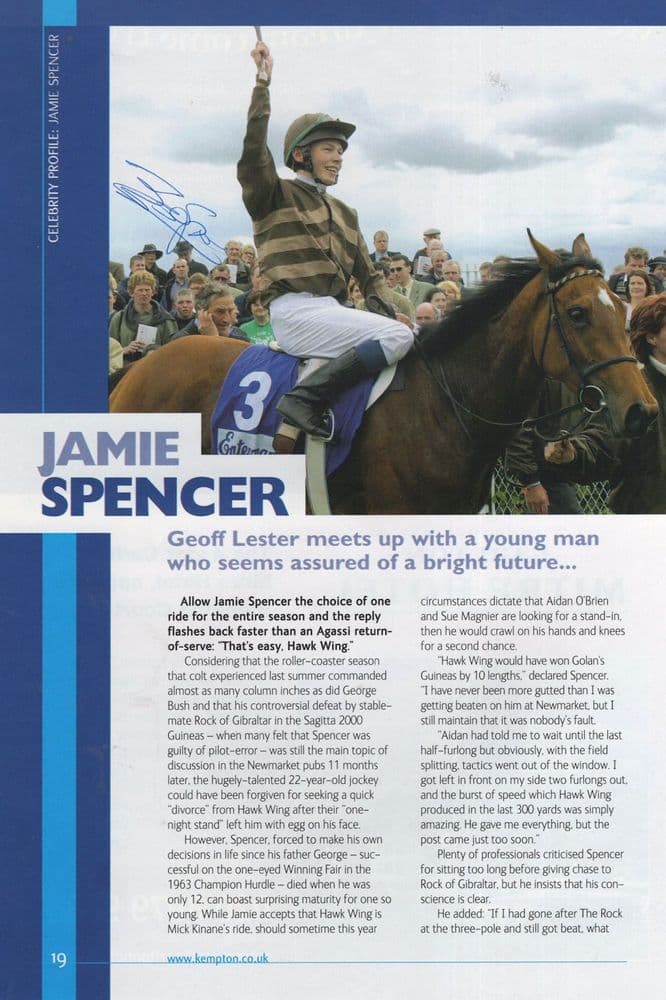 Jamie Spencer Irish Horse Racing Jockey Hand Signed Picture