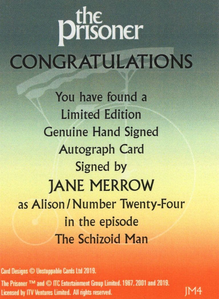 Jane Merrow in The Prisoner TV Show Rare Hand Signed Photo Card