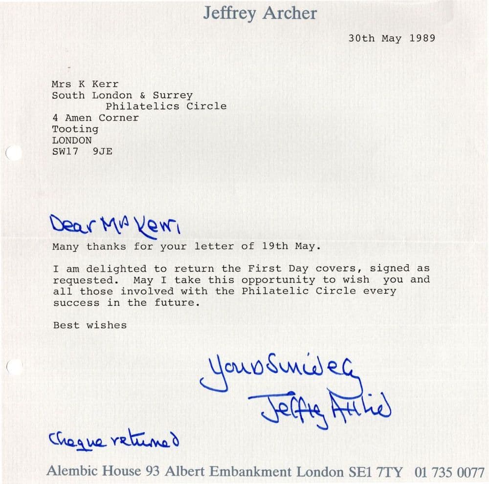 Jeffrey Archer Vintage Hand Signed Letter On Headed Paper