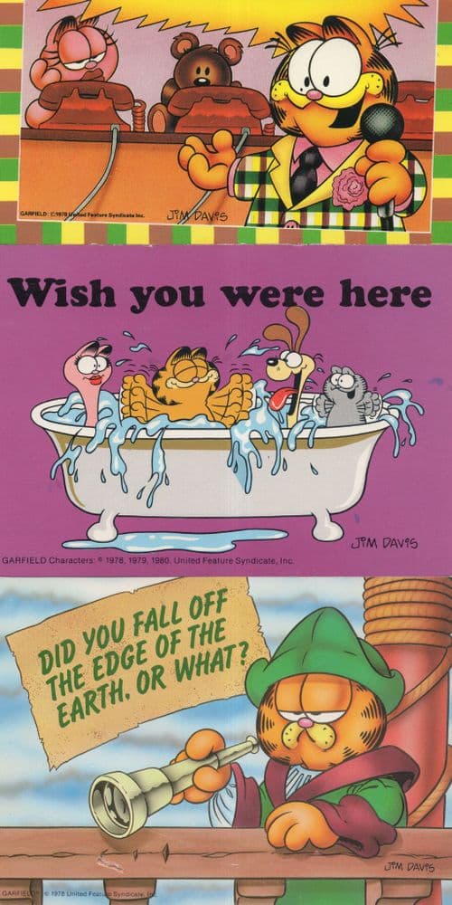 Jim Davis of Garfield Cat Telephone Bath Periscope 3x Comic Postcard s