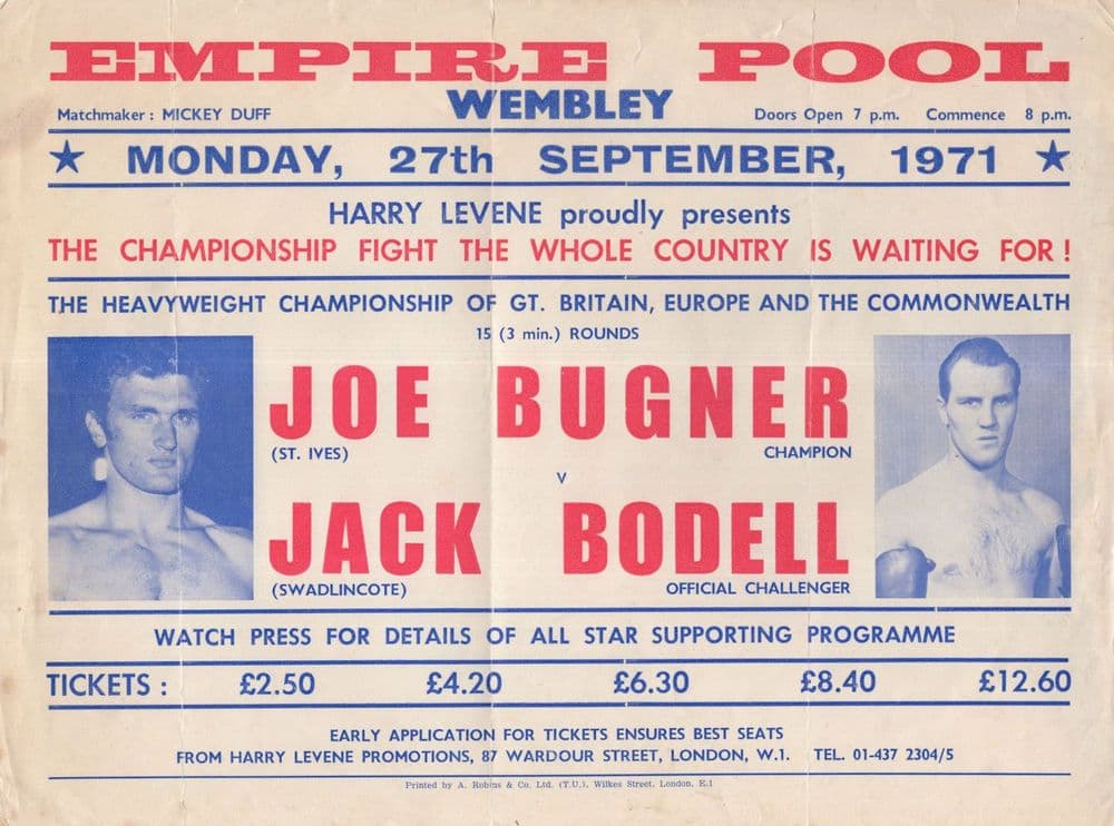 Joe Bugner vs Jack Bodell 1971 London Old Handbill Boxing Poster
