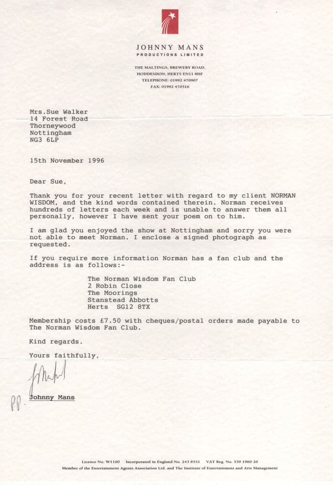 Johnny Mans of Norman Wisdom Hand Signed Headed Paper Letter