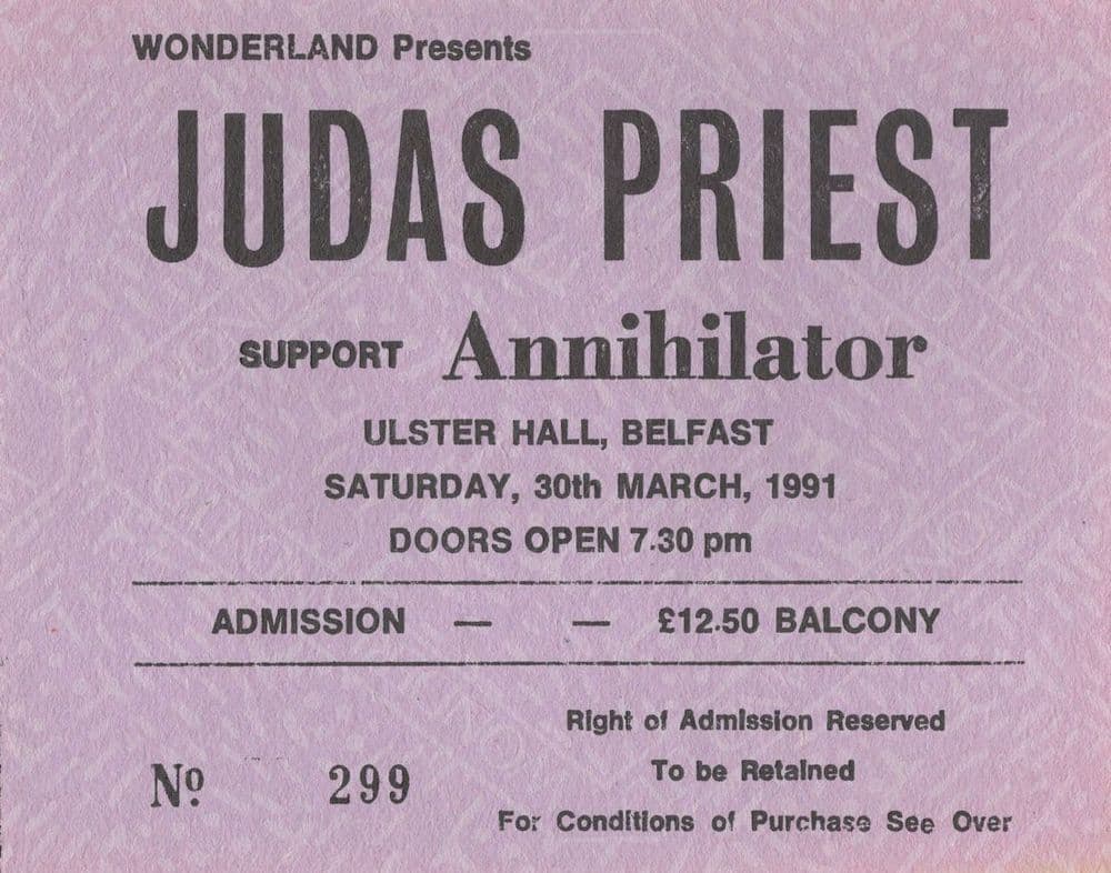 Judas Priest Annihilator Ulster Hall Belfast Irish 1991 Live Concert Ticket