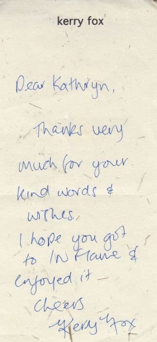 Kerry Fox of Shallow Grave Hand Written Private Letter