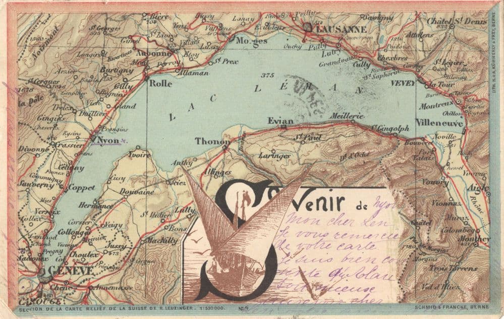 Lac Leman Switzerland Lausanne Geneve Antique 1901 Rare Map Postcard