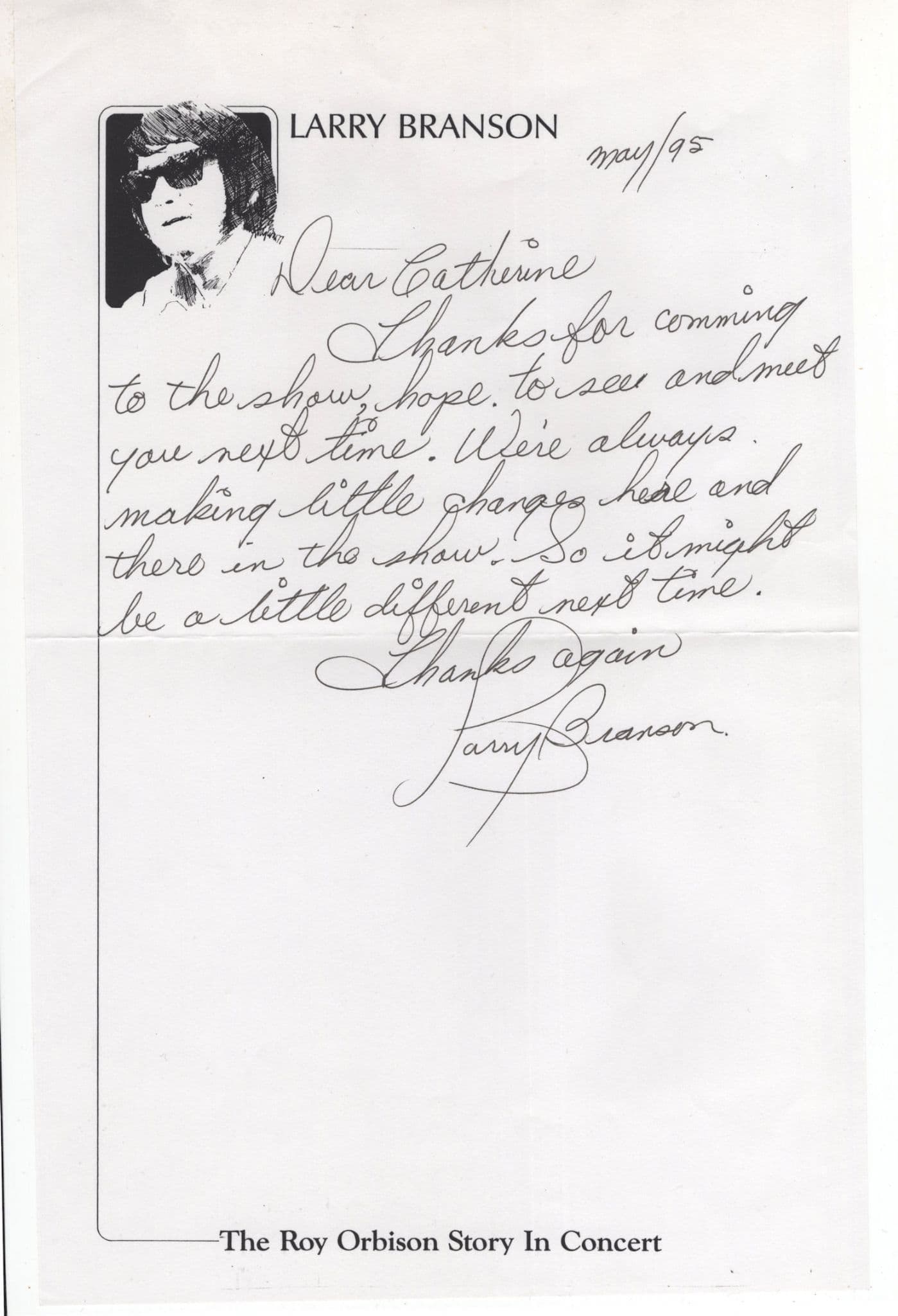 Larry Branson Roy Orbison Impersonator Hand Written & Signed Letter