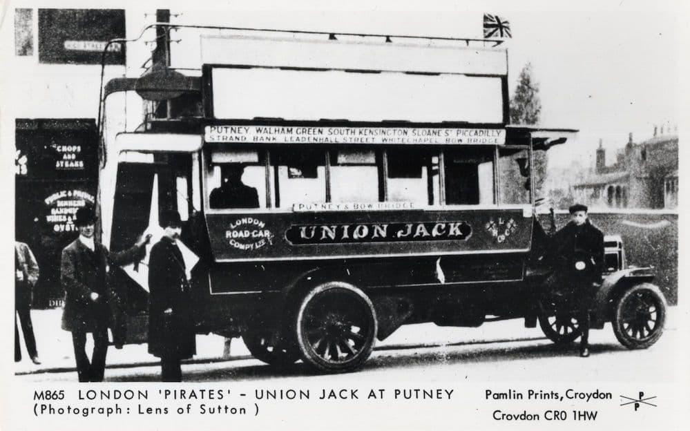 London Pirates Union Jack Bus Tram at Putney London Postcard