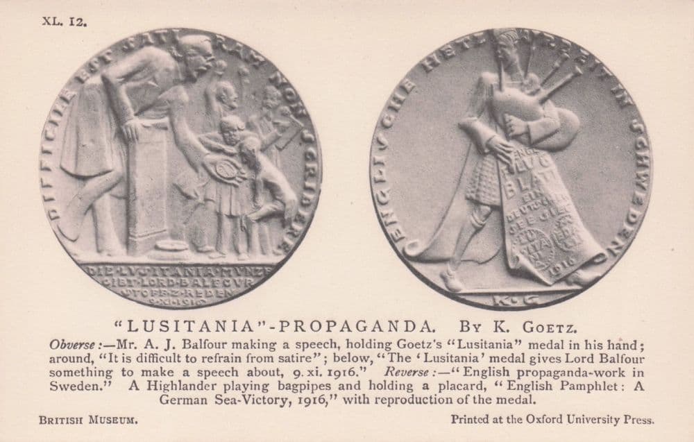 Lusitania Propaganda in Sweden WW1 German War Medal Military Old Postcard