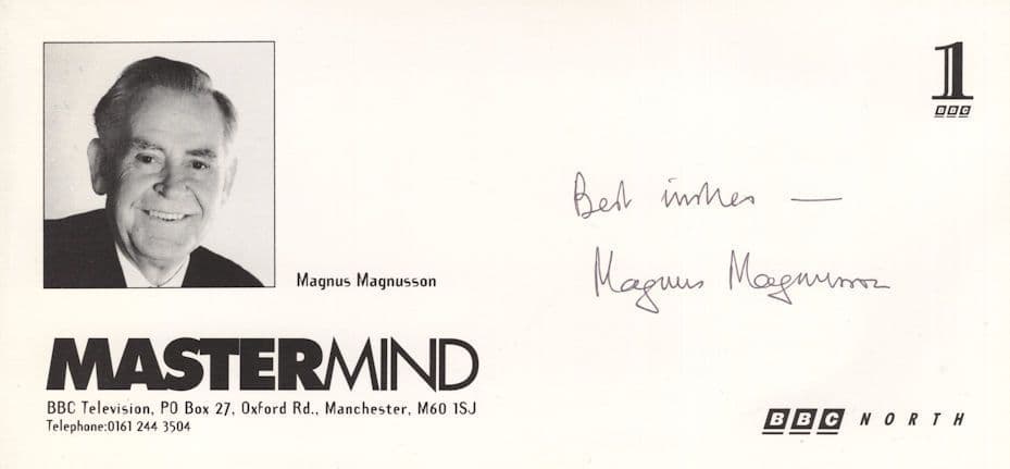 Magnus Magnusson Of BBC Quiz Show Mastermind Hand Signed Autograph