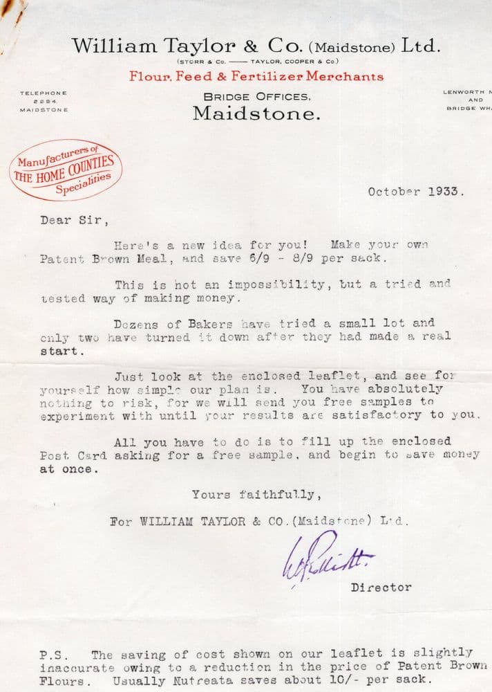 Maidstone Kent Bakery 1934 Flour Free Samples Rewards Old Letter