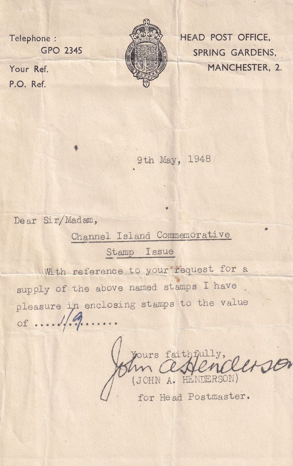 Manchester Spring Gardens Post Office 1948 Receipt