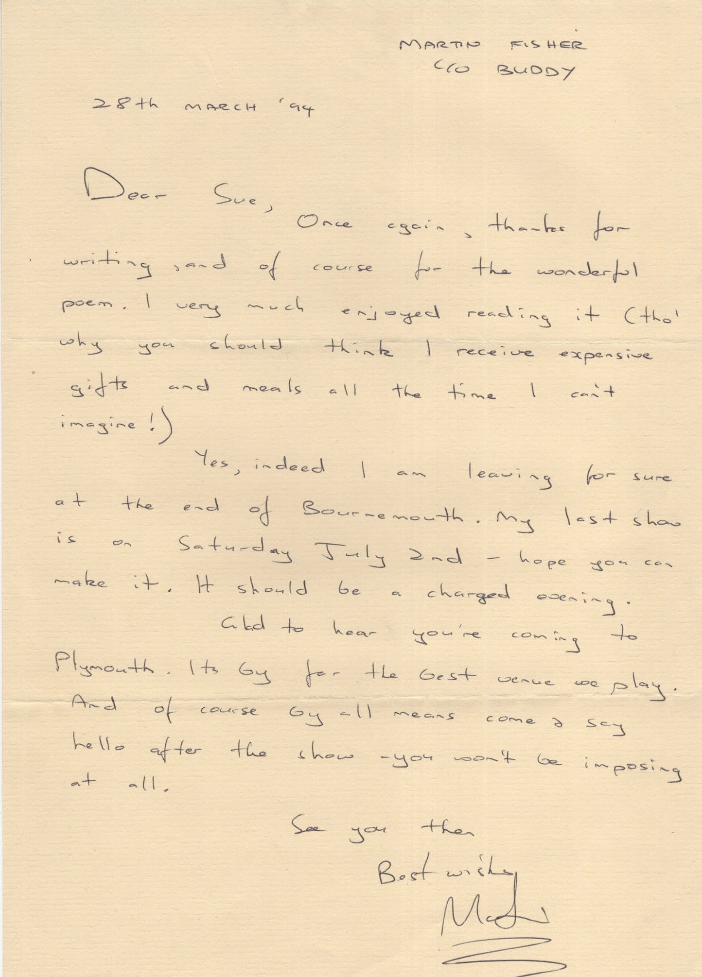 Martin Fisher in Buddy Holly Musical Live Hand Written & Signed Letter