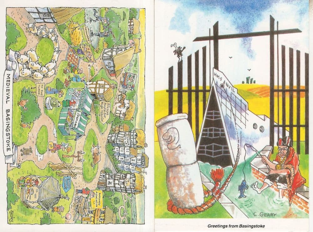 Medieval Basingstoke Hampshire Ship Map 2x Comic Postcard s