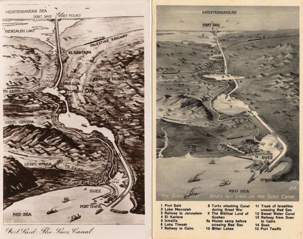 Mediterranean Suez Canal Egypt Port Said 2x Map RPC Old Postcard s
