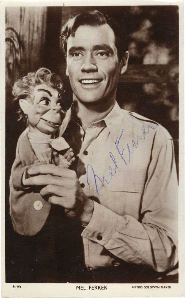 Mel Ferrer Film Star With Antique Puppet Hand Signed Postcard Photo
