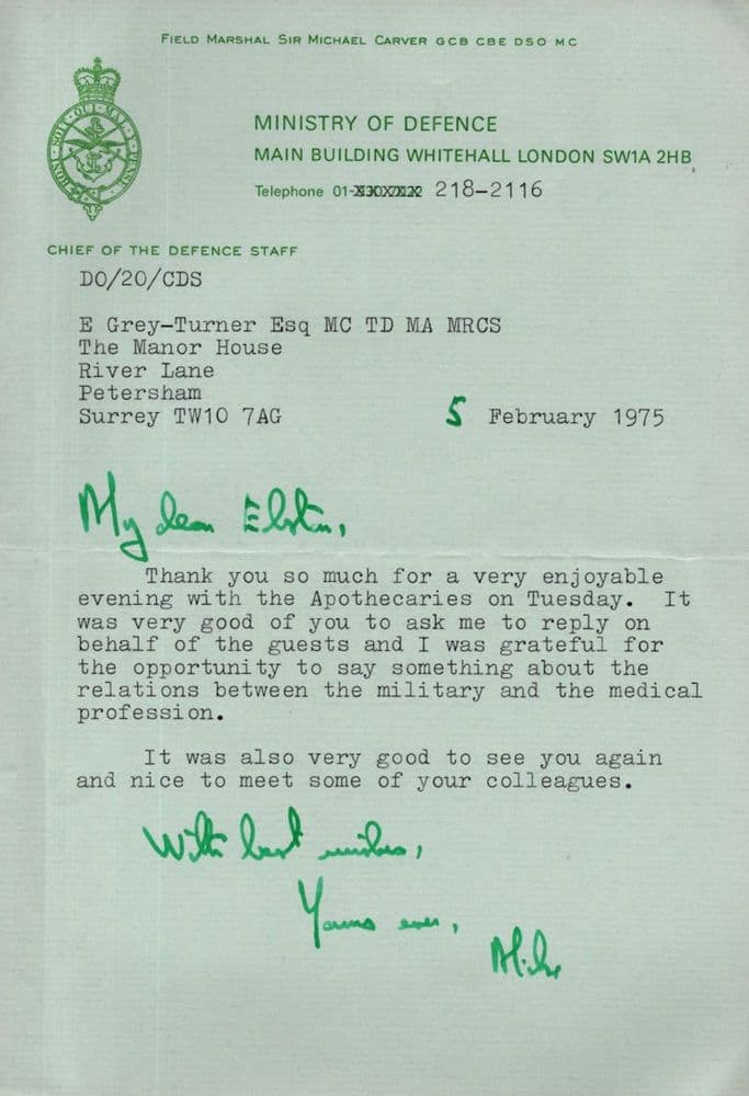 Michael Carver WW2 Field Marshall 1975 Hand Signed MOD Letter To WW2 Doctor