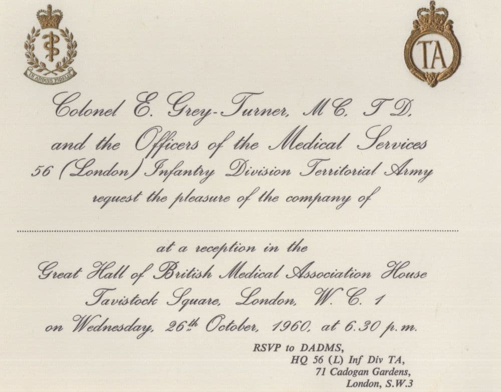 Military Medical Services London WW2 Doctor 1960 Private Invitation Card