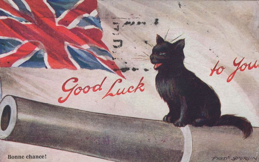 Military WW1 Black Cat Firing Canon Gun Old Greetings Cats Postcard