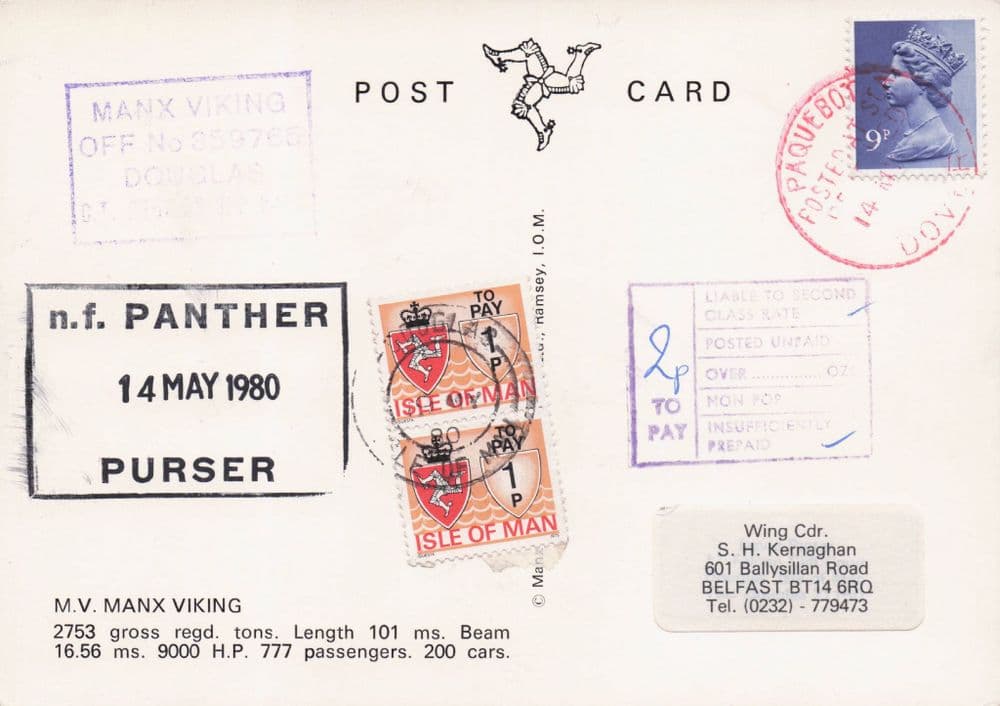 MV Manx Purser Panther Ship Viking Isle Of Man Posted On Board Postcard