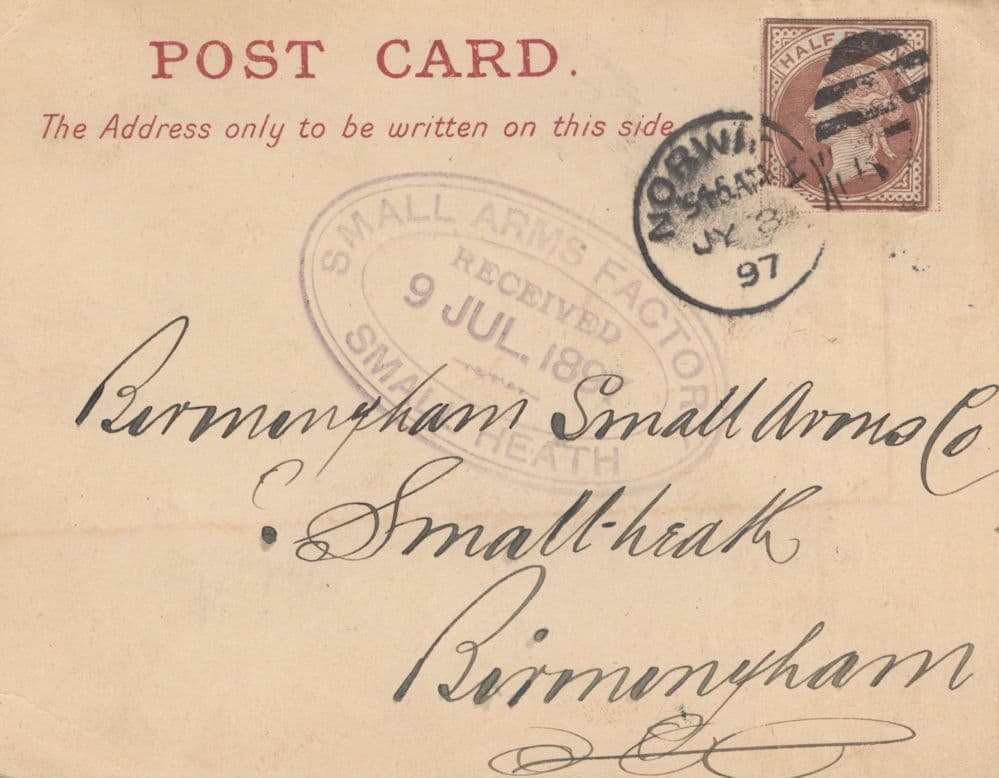 Norwich Norfolk Victorian 1897 Postcard To Birmingham Small Arms Shop