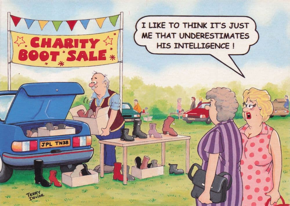 Old Secondhand Boot Shoe Dealer at Car Boot Sale Comic Postcard