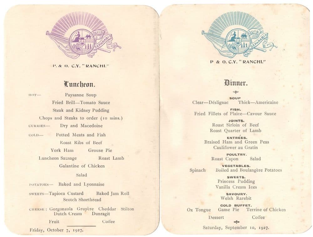 P&O Line CY Ranchi 1927 2x Old Cruise Ship Menu s