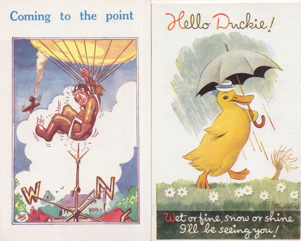 Parachute Yellow Duck Umbrella Bird 2x Disaster Comic Postcard s