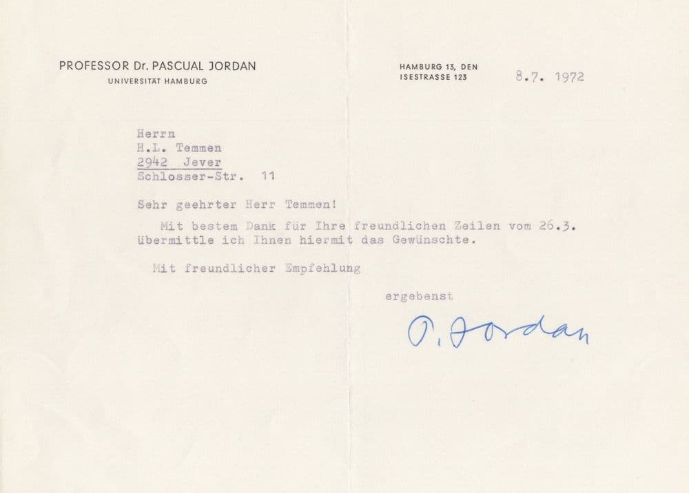Pascual Jordan German Mathematician WW2 Nazi Party Hand Signed Letter